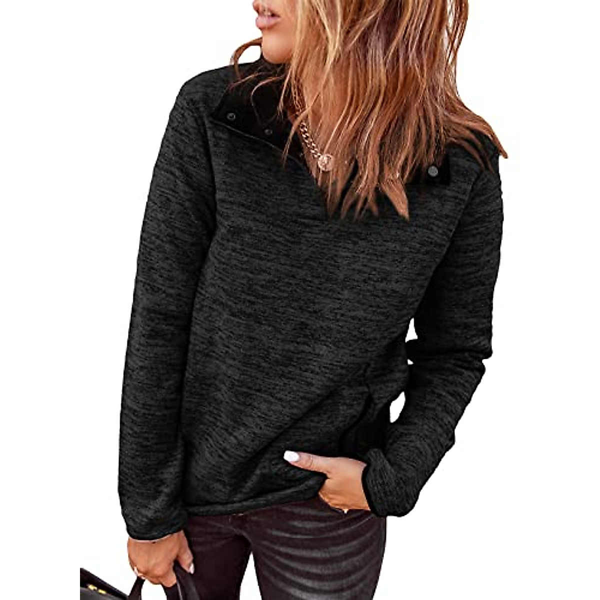 Diukia Womens Plus Size Loose Long Sleeve 1/4 Quarter Button V Neck Athletic Sweatshirts Fall Winter Lightweight Solid Color Stand Collar Pocket Sweatshirts Pullover Tops for Ladies Black 2XL 18-20