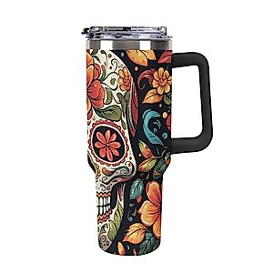 HJUQNGF 40 Oz Personalized Tumbler with Handle And Straw Colorful Sugar Skull Stainless Steel Insulated Tumblers Reusable Car Thermal Cup Travel Coffee Mug for Women Men