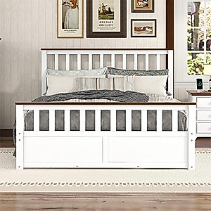 Harper & Bright Designs Queen Bed with 2 Storage Drawers, Solid Wood Queen Size Platform Bed with Headboard and Footboard, Queen Storage Bed Frame for Teens, Adults,White+Walnut