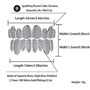 TOPGRILLZ 18K Gold Plated Iced Out Simulated Diamond Grillz Top and Bottom Grills for Your Teeth with Extra Molding Bars Hip Hop (Silver Set)