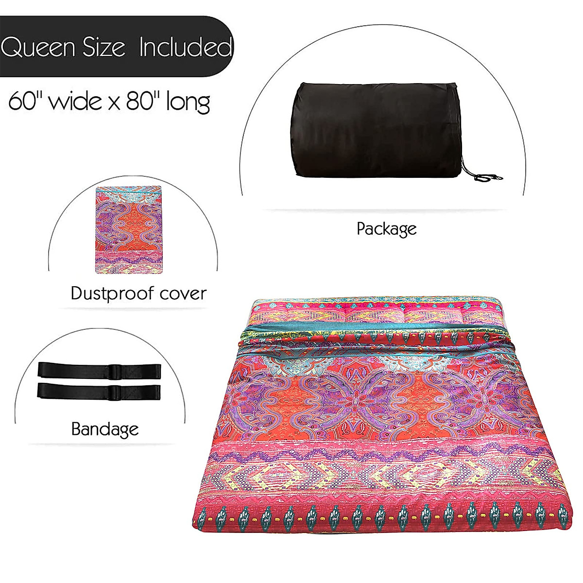 MAXYOYO Queen Futon Floor Mattress Shikibuton Mattress Sleeping Mats for Adults Japanese Mattress Roll Up Mattress Foldable Mattress for Floor, Bohemian B