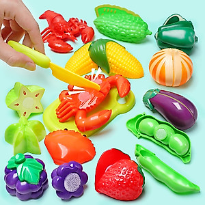HOLYFUN 100 PCS Cutting Play Food Toy for Kids Kitchen, Pretend Fruit & Vegetables Accessories with Shopping Basket, Plastic Mini Dishes, Play Money, Perfect Educational Toy for Toddlers Boys & Girls