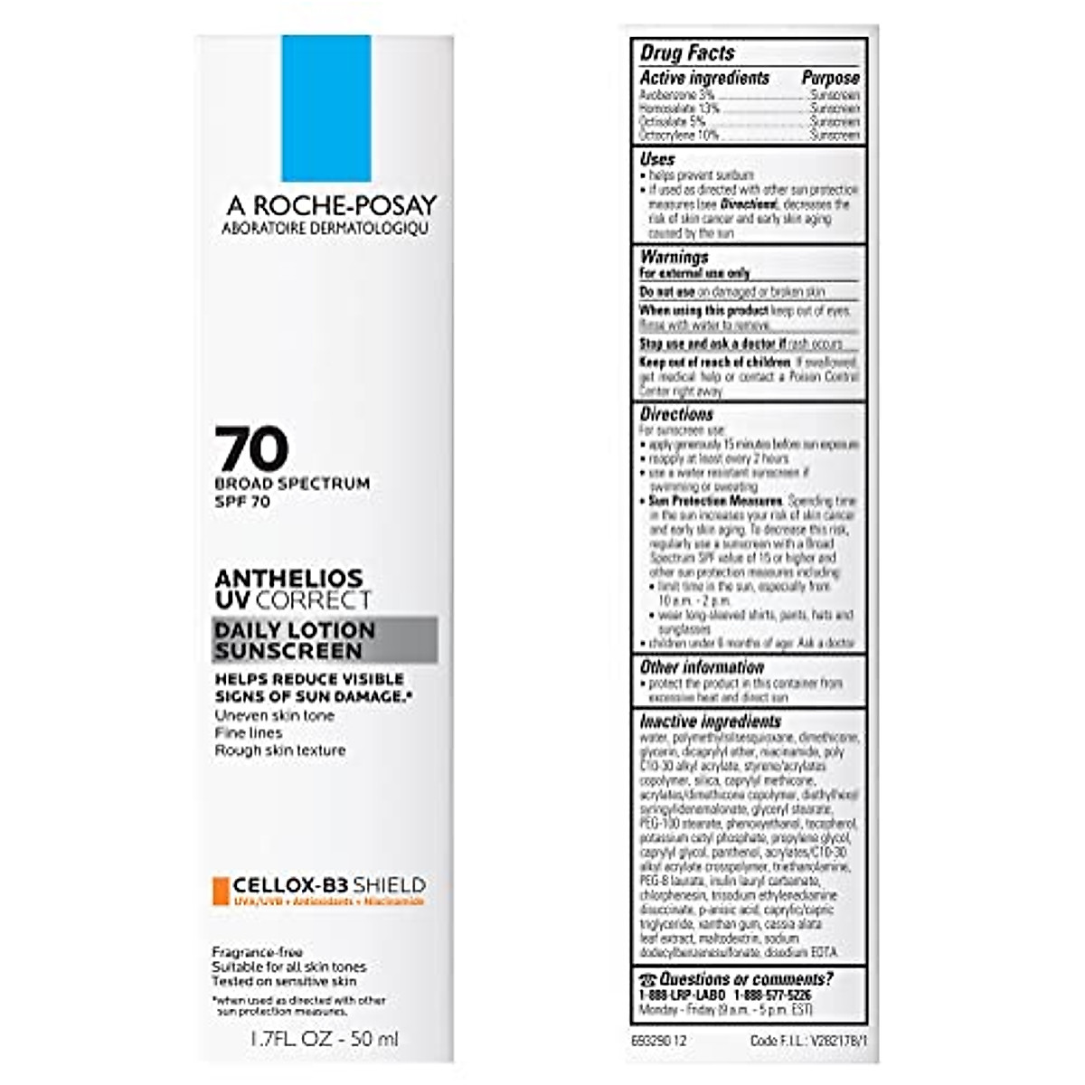 La Roche Posay Anthelios UV Correct Sunscreen Moisturizer SPF 70, Daily Anti-Aging Face Moisturizer with Sunscreen and Niacinamide to Even Skin Tone & Fine Lines, Sun Protection for Sensitive Skin