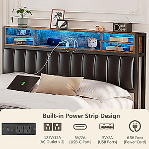 Alohappy Queen Bed Frame with Bookcase Headboard and LED Light,Upholstered Platform LED Bed Frame with Charging Station,Type-C & USB Ports,No Box Spring Needed,Easy Assembly and Noise Free