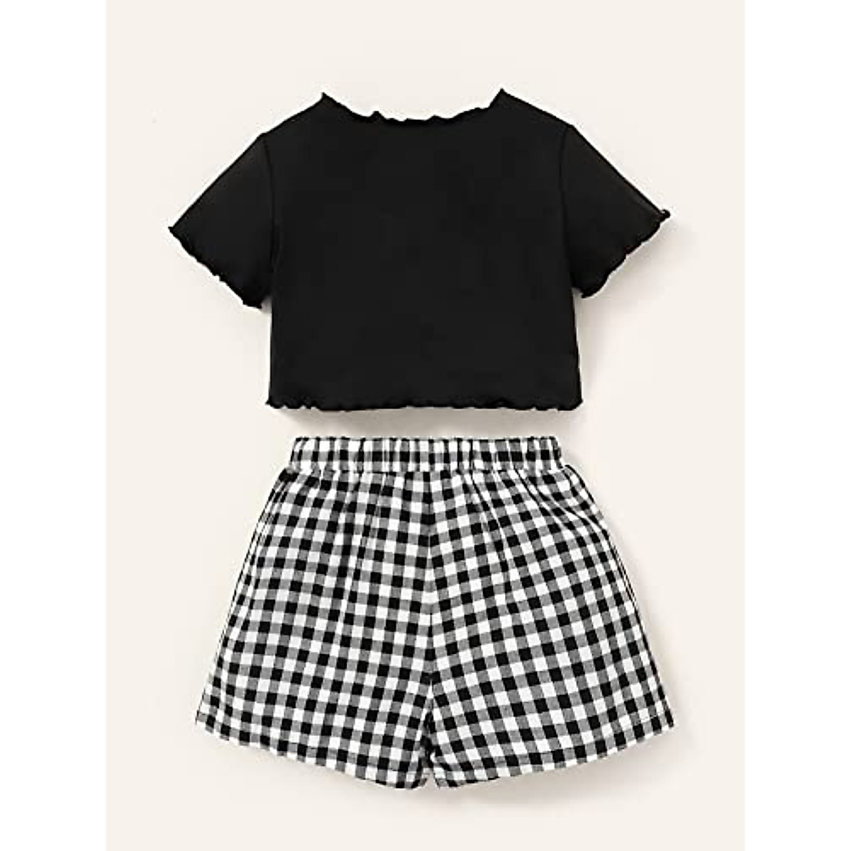 SOLY HUX Girl's Cute 2 Piece Outfits Letter Graphic Lettuce Trim Short Sleeve Tee Tops and Plaid Shorts Set Black and White 160
