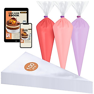 Kootek Piping Bags Disposable 16 Inch 100pcs with EBook, Anti Burst Thicken Pastry Bags, Icing Piping Bags for Cookie Cake Frosting Decorating Baking Supplies