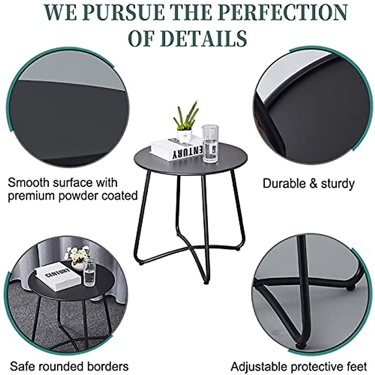 CaiFang Patio Side Table Outdoor, Metal Side Table Small Round Side Table Weather Resistant End Table Outdoor Table for Garden Porch Balcony Yard Lawn, Black