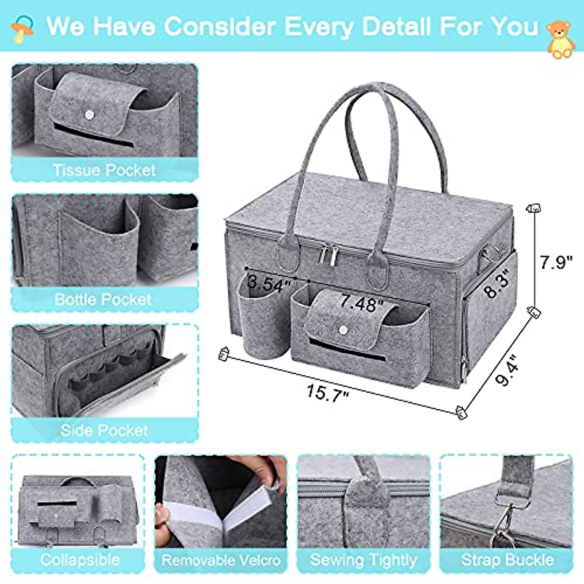 DIMJ Large Capacity Baby Diaper Caddy Organizer with Lid, Shoulder Nursery Storage Bin for Changing Table and Car, Portable Large Baby Shower Basket for Diaper, Toys, Bottles, Wipes, Books