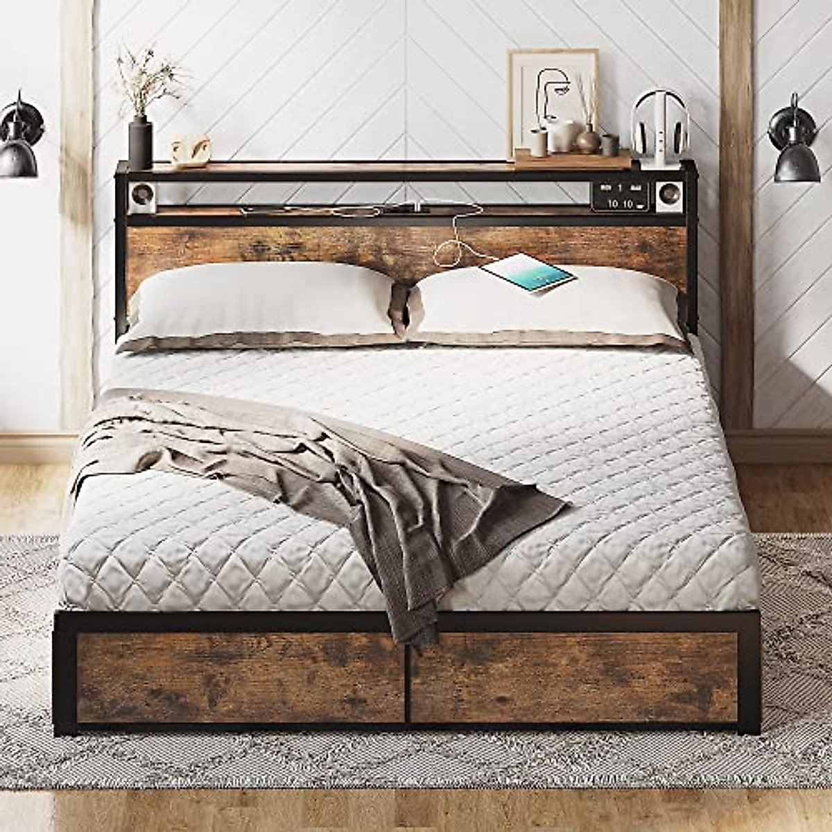 LIKIMIO Queen Bed Frame with Storage Drawer, 2-Tier Storage Headboard with Charging Station, No Box Spring Needed, Easy Assembly, Vintage Brown
