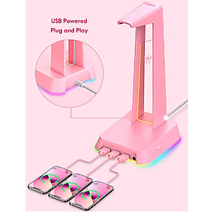 SOSISU RGB Headphones Stand with 3.5mm AUX and 3 USB 2.0 Ports, Gaming Headset Holder Hanger with Non-Slip Rubber Base for SOSISU Gaming Headset(Not Included), PC, Desktop (Pink)