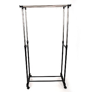 Guangshuohui Clothes Garment Rack, Double Rod Closet Double Rail Clothing Rolling Rack on Wheels and Bottom Shelves, Black & Silver (B)