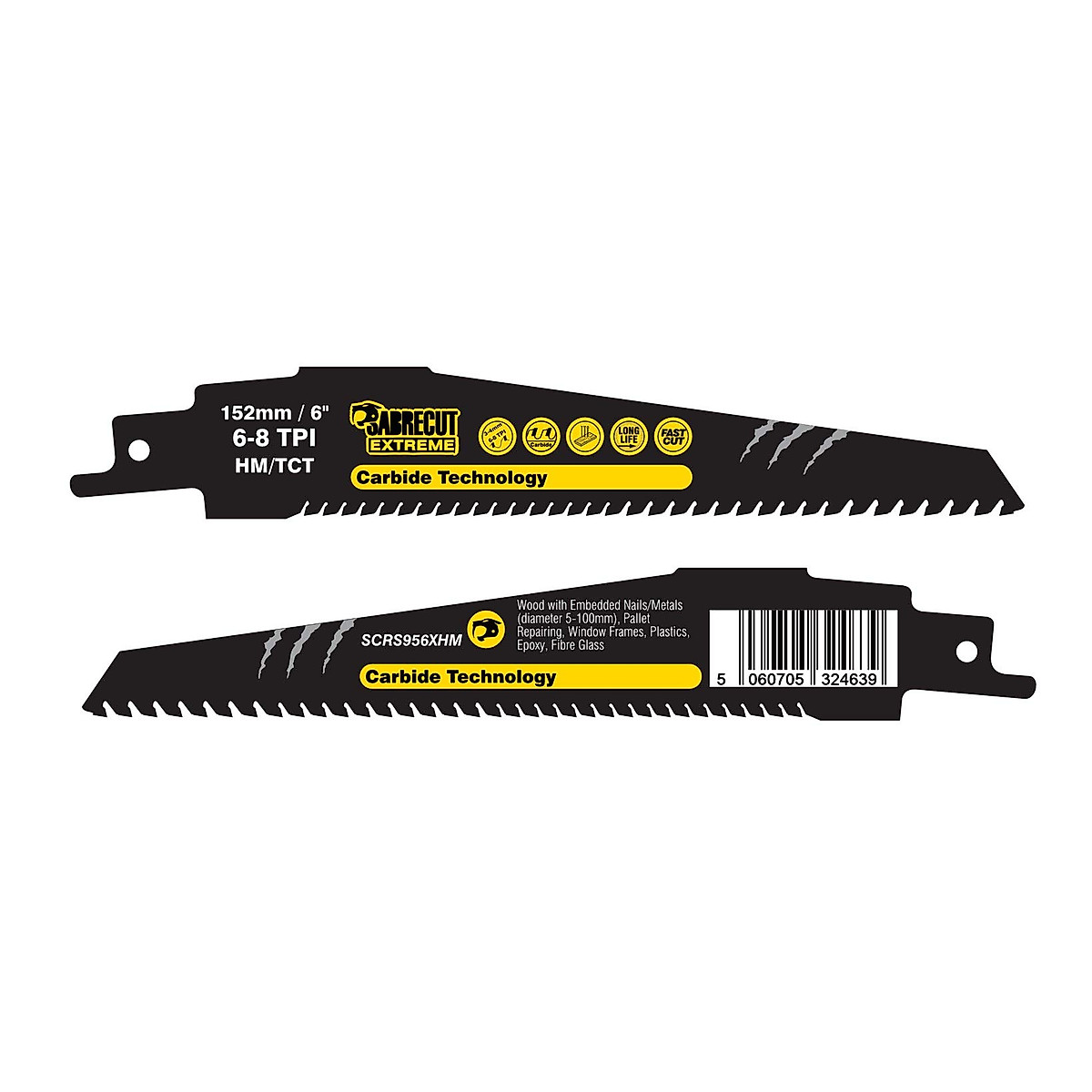 2 x SabreCut SCRS956XHM_2 Tungsten Carbide 5 63/64" (152mm) Variable 6-8 TPI S956XHM Very Fast Wood and Plastic Cutting Reciprocating Sabre Saw Blades Compatible with Bosch Dewalt Makita and Others