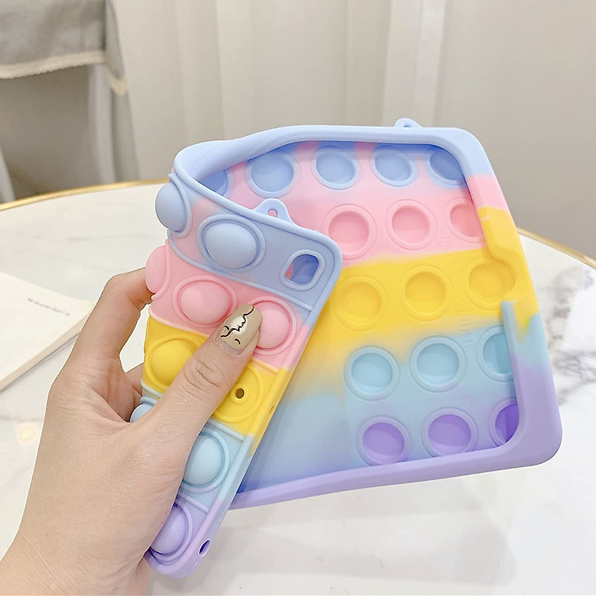 iZi Way Pop It for iPad Air 5th/4th Generation Case 2022/2020 Kids Girls, Poppet Fidget Toy Push Bubble Cute Silicone Tablet Case Cover, Stand, Shoulder Strap for Apple iPad Air 5/4 10.9” - Rainbow