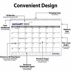 2023 Calendar - Wall Calendar from January 2023 to June 2024, 14.5 x 11 Inches, 18 Monthly Calendar with Twin-Wire Binding, Thick Paper and Ruled Blocks for Home, School and Office