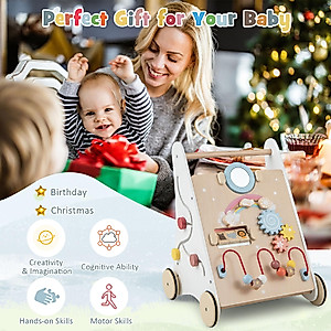 HONEY JOY Baby Push Walker, Wooden Infant Walker Activity Center with Shape Sorter, Develop Motor Skills & Creativity, Push Toys for Babies Learning to Walk, Gift for Boys and Girls (Natural)
