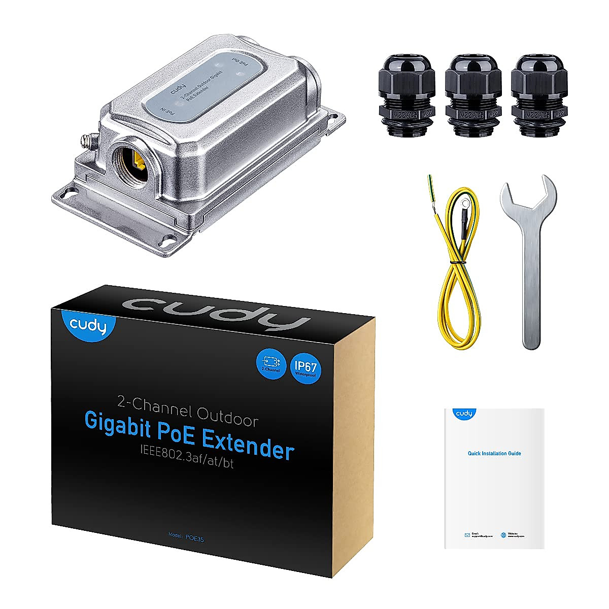 Cudy 2 Channel Gigabit Outdoor PoE Extender, IP67 Waterproof, 10/100/1000Mbps, PoE Repeater Amplifier Booster, Wall-Mount, Daisy Chain, 802.3bt at af