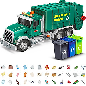 MOBIUS Toys Garbage Truck Toy – Recycling Vehicle for Boys with 3 Garbage Cans + 48 Flash Cards – Push & Go, Lights & Sounds – Multi-Functional Trash Truck w/Moving Parts for Ages 3-8