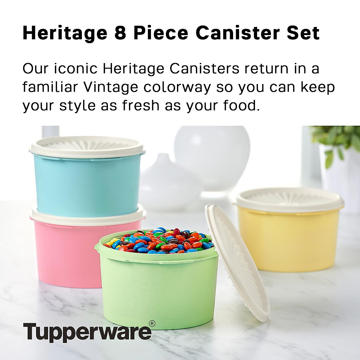 Tupperware Heritage Collection 8 Piece Food Storage Canister Set in Vintage Colors - Dishwasher Safe & BPA Free - (4 Containers + 4 Lids)