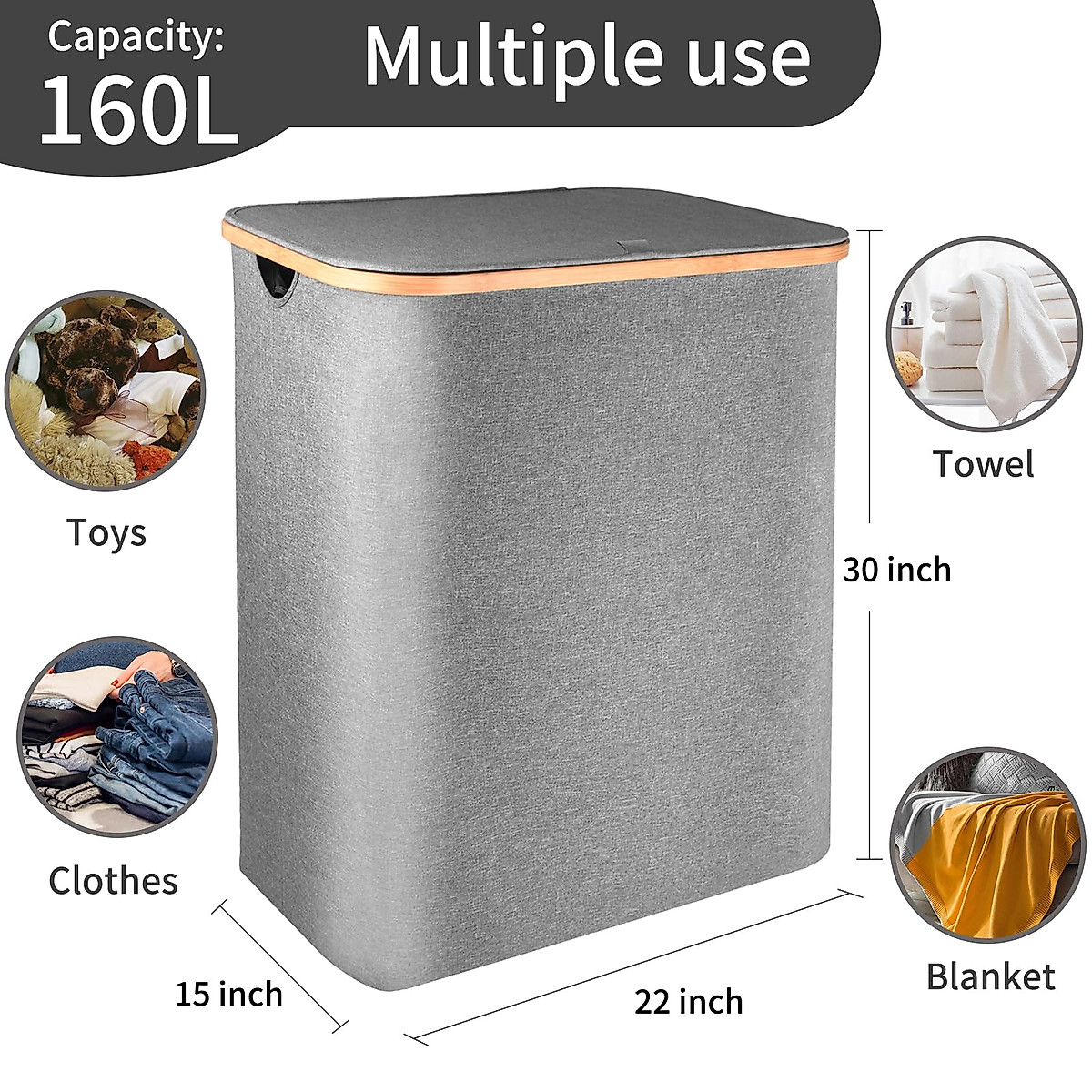 Laundry Basket 160L,Sturdy Laundry Basket,Large Hamper with Lid,Laundry Hamper, Clothes Hamper for Laundry with Bamboo Handles and Removable Bag,Laundry Basket Portable for Room,Clothes,Bedroom-Grey
