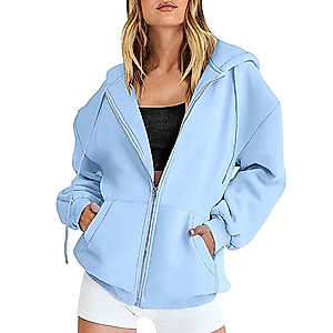Bloderetu 2023 Zip Up Hoodies For Women Fall Oversized Sweatshirt Y2K Clothing Solid Color Drawstring Jacket With Pockets (Sky Blue-2, XL)