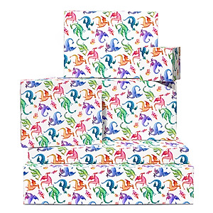 CENTRAL 23 Kids Wrapping Paper - 6 Sheets of Colorful Gift Wrap and Tags - Dragons - Birthday Wrapping Paper for Boys Girls - Comes with Stickers - Eco-friendly