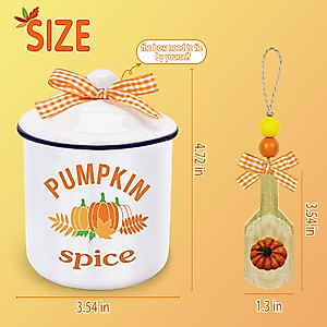 Fall decor - Pumpkin Spice Ceramic Canister with Wooden Beads Spoon Fall Decorations for Home Farmhouse Table Autumn Thanksgiving Tiered Tray, Candy Holder with Lid for Cookie Snacks House Warming