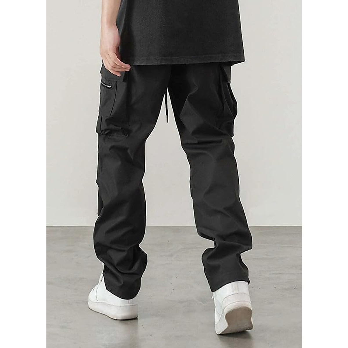 JMIERR Men Casual Cargo Pants Elastic Waist Drawstring Tactical Pant Lightwight Hiking Joggers Pants Loose Fit with Multi Pockets, US 34(M), 1 Black