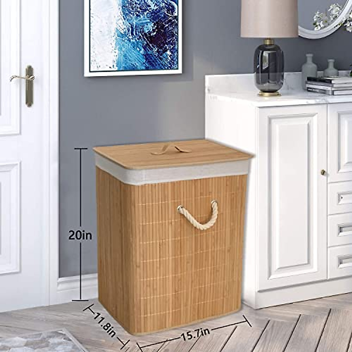 Laundry Hamper Bamboo, Large Clothes Storage Basket with Lid and Removable Liner, Freestanding Dirty Clothes Hamper Bin, Laundry Basket Organizer for Clothes Toys in the Dorm and Family