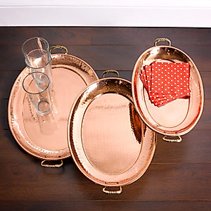 Old Dutch Hammered Copper Oval Trays with Cast Brass Handles, 17" x 13"/15" x 11"/131/4" x 83/4", Set of 3