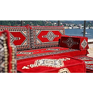 Red Corner Sofa Seating Set, L Shaped Arabic Sofa Set, Oriental Floor Seating, Living Room Sofa, Sofa Slipcovers, Patio Sofa (L Sofa + Rug + Poufs)
