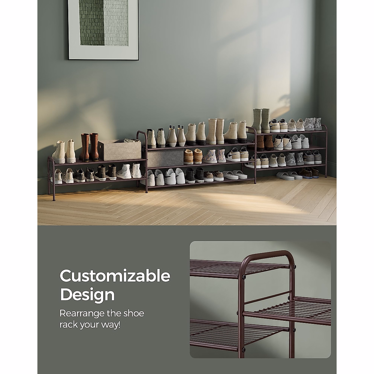 SONGMICS Shoe Rack, 2-Tier Shoe Organizer, Metal Shoe Shelf Storage with 4 Side Hooks, Holds 12 Pairs of Shoes, Height-Adjustable Shoe Rack for Entryway, Hallway, Closet, Easy Assembly, Chestnut Brown