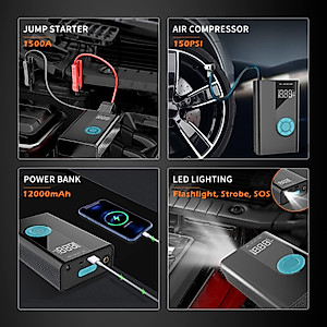 Jump Starter with Air Compressor, 1500A Potable Battery Booster with 150PSI Digital Auto Tire Inflator, 12V Car Battery Charger with USB Quick Charge 3.0(Up 7.0L Gas/4.0L Diesel Engine)