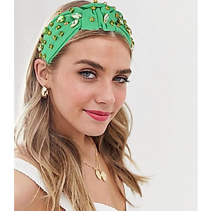 Crystal Velvet Headband Cross Knotted Turban Headdress Colorful rhinestone Statement Wide Hair Band Hoop Accessories For Women Girls (Green)