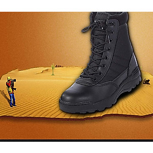 Mens Military Combat Tactical Army Infantry Boots Breathable Round Toe Side Zipper Waterproof Leather Lace-up Shoes for Backpacking Outdoor Hiking Camping Climbing Trekking Hunting Walking Black 5.5