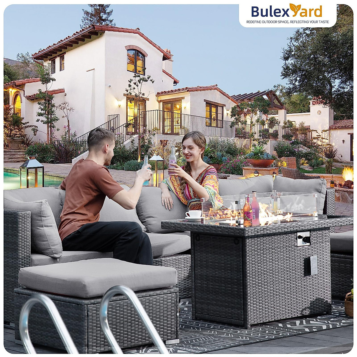 BULEXYARD Grey PE Wicker Patio Furniture Sectional Conversation Sofa Set with 43" Propane/Natural Gas Fire Pit Table, Large Size High Back Outdoor Furniture Set with Fireplace(13Pcs, Light Grey)