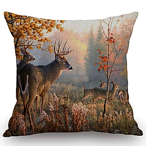 Swono Deers Pillow Cover 18x18 Inch Autumn Nature Deers Scene Farmhouse Decorative Throw Pillow Cover Square Cushion Case for Home Sofa Couch Decoration