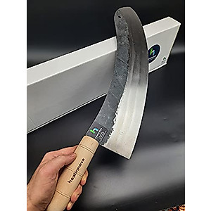 Healinnova Carbon Steel Handmade Forged Gourmet Professional Chef Chopping Curved Mincing Knife Kebab Big Blade Kitchen Cleaver - Pizza Cutting Show (15.7 in / 40 cm)