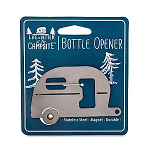 Camco Life is Better at The Campsite Bottle Opener | Easily Removes Bottle Caps | Features a Unique Camper Design with Magnet (53305)