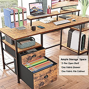 Furologee Computer Desk with Shelves and Drawer, 61" Long Desk with Fabric File Drawer, Industrial Writing Desk with Large Monitor Stand, Study Gaming Table Workstation for Home Office, Rustic Brown