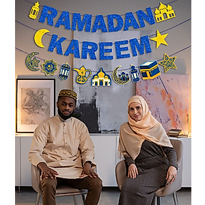 JKQ Blue Glitter Ramadan Kareem Banner and Lantern Star Moon Castle Pattern Banner Muslim Ramadan Mubarak Garland Banner Islamic Eid Mubarak Festival Celebration Party Fireplace Decorations