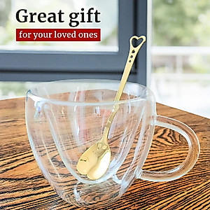 Heart Shaped Cup - Double Walled Insulated Glass Coffee Mug or Tea Cup - Double Wall Glass 10oz (300ml) - Clear - Unique & Insulated with Handle - With Teaspoon
