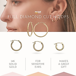 MAZZERI 14k Gold Hoop Earrings For Women and Men - Diamond-cut Design, Hypoallergenic, Made in the USA, Gold Hoop Earrings 14k Real Gold (22mm)
