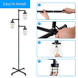 CONCA Steampunk Three Head Floor lamp, Tree Industrial Floor lamp, Rustic Edison Bulb, cage Shade Floor lamp (Black)