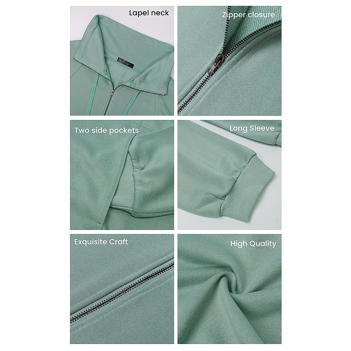 PRETTYGARDEN Women’s Casual Long Sleeve Lapel Zipper Sweatshirt Drawstring Loose Pullover Tops Green