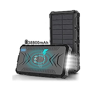Solar Power Bank,Solar Charger 38800mAh, Qi Wireless Charger, Outputs 5V/3A High-Speed & 2 Inputs Huge Capacity Phone Charger for Smartphones, IP66 Rating, Strong Light LED Flashlights (Black)