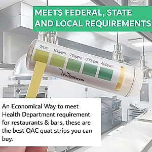 FryOilSaver Co, Restaurant Grade Quaternary Ammonium Sanitizer Strips, Precision QAC QR5, 0-500ppm Multi Quat Strips for Food Service, 1 x Vial of 100 Strips