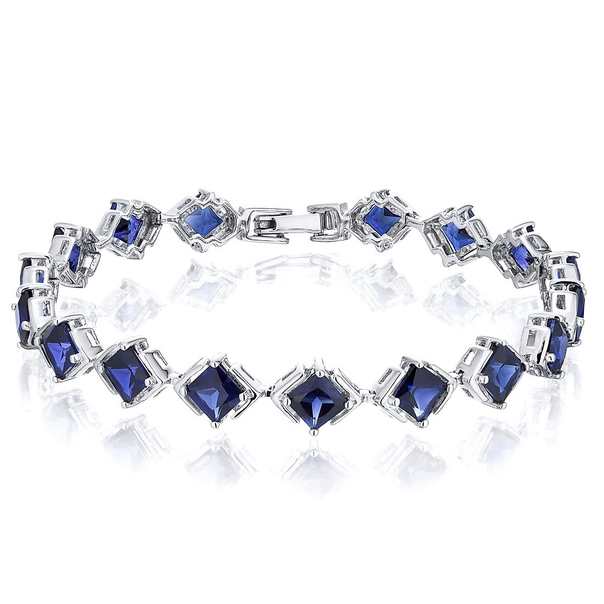 PEORA Created Blue Sapphire Tennis Bracelet for Women 925 Sterling Silver, 12 Carats total 16 Pieces Princess Cut, 7 1/4 inch length