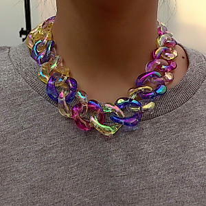 Xerling Colorful Rainbow Acrylic Link Chain Necklace Punk Chunky Boho Iridescent Necklace for Women Teen Girls Multi-Colored Curb Chain Choker for Party Modern Necklace