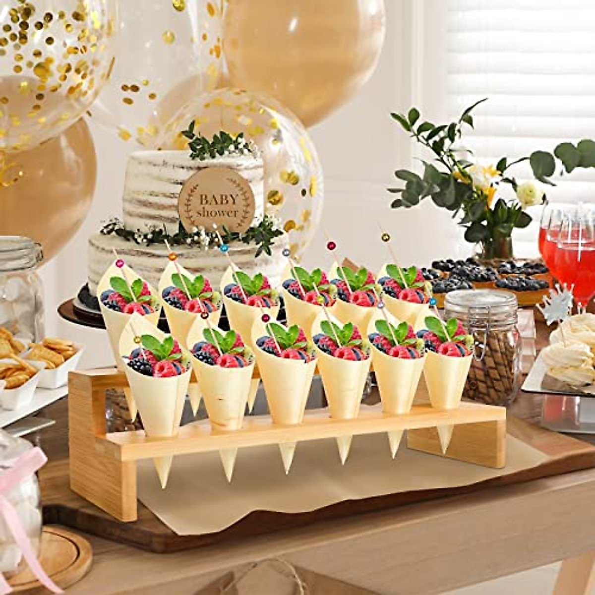 150 Disposable Wooden Cones with 2 Pack 12 Holes Ice Cream Cone Display Stand Charcuterie Cones Holder Stand 150 Fancy Toothpicks for Appetizers Wedding Decoration（Brown）