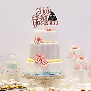RoadSea Holy Shit You're Old Cake Topper - Women Men Birthday Cake Supplies - 30th 40th 50th 60th 70th 80th 90th 100th 101st Birthday Party Decoration - Rose Gold Glitter
